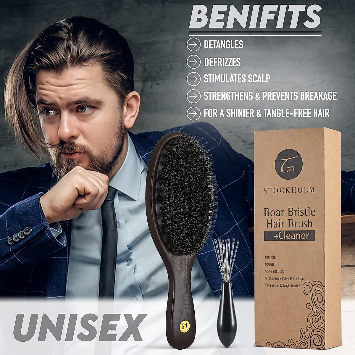 Hair Brush for Men and Women - Premium Boar Hairbrush with Detangling Nylon Pins for Optimally Getting Natural Oils Throughout All Hairs and Stimulating Scalp for Soft Hair - Stylist Recommend