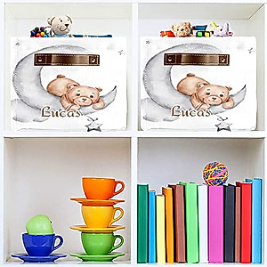 Teddy Bears Moon Clouds Personalized Storage Basket ,Custom Storage Boxs Bins Cubes Organizer with Handle for Bedroom Wardrobe Nursery Basket 1 Pack