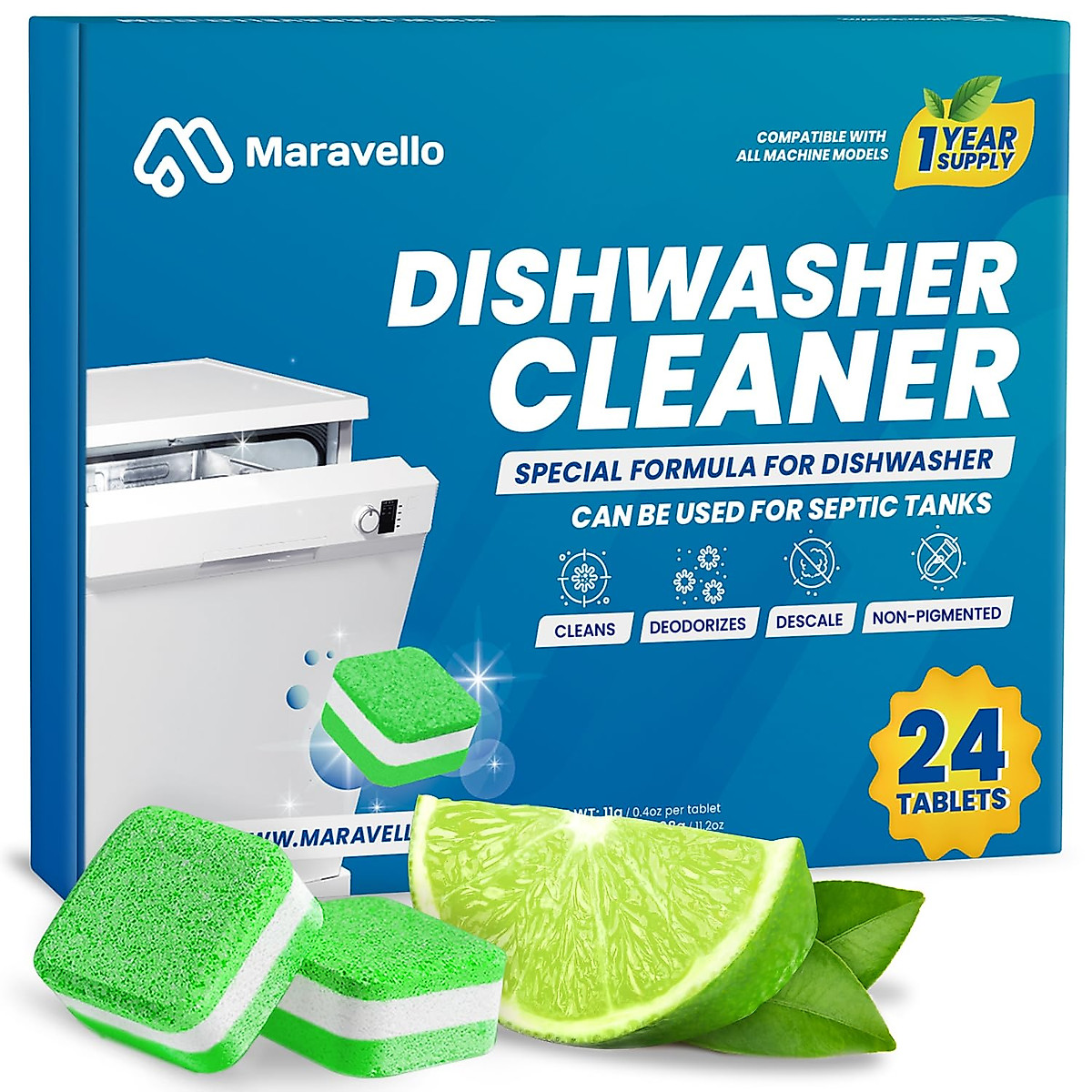 Maravello Dishwasher Cleaner and Deodorizer – 24 Tablets – Dish Washer Machine Deep Clean Descaler Pods for Heavy Duty Grease, Limescale, Hard Water, and Calcium – 12 Months Supply