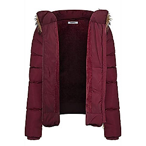 BodiLove Women's Winter Quilted Puffer Short Coat Jacket with Removable Faux Fur Hood and Zipper Burgundy L