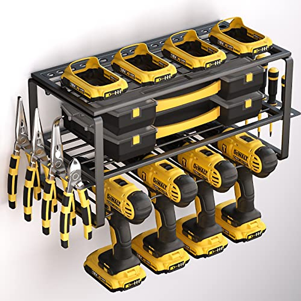 FUHUIM Power Tool Organizer, Drill Holder Wall Mount, Cordless Drill Storage Rack, Heavy Duty Metal Drill Charging Station, Floating Tool Shelf for Power Tools, Cordless Drill Storage