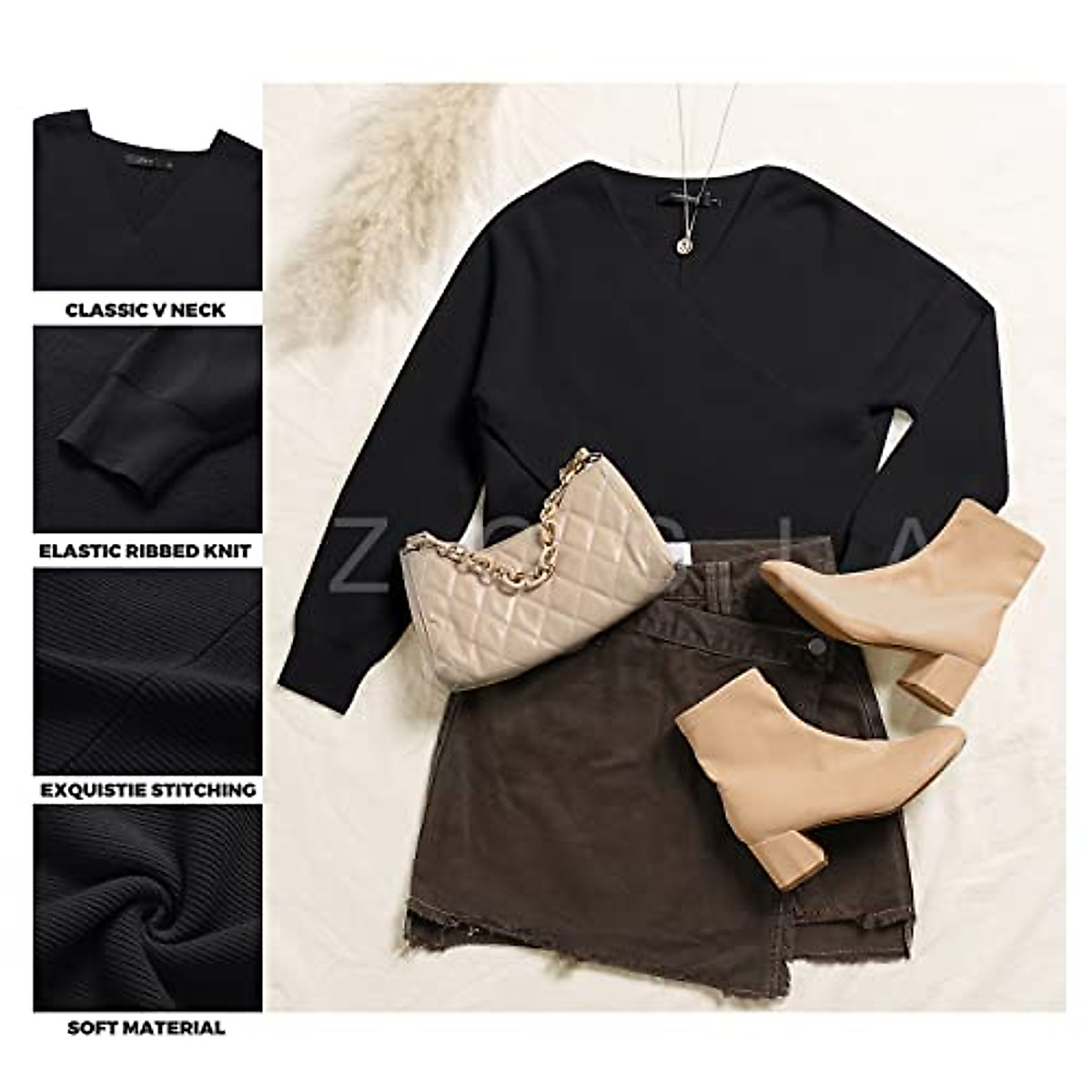 ZCSIA Women's Wrap V Neck Cropped Sweaters 2023 Fall Long Sleeve Cross Front Off Shoulder Solid Knitted Pullover Tops,Black,XLarge