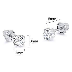 14k White Gold 3mm Basket Round Solitaire Cubic Zirconia Children Screw Back Baby Girls Earrings