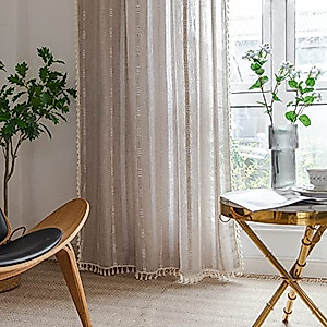 Linen Curtains 84 Inches Long Embroidery Striped Farmhouse Curtains for Living Room Tassel Boho Curtains for Bedroom Light Filtering Curtains 2 Panels Set Rod Pocket Drapes (52" W x 84" L,Khaki)