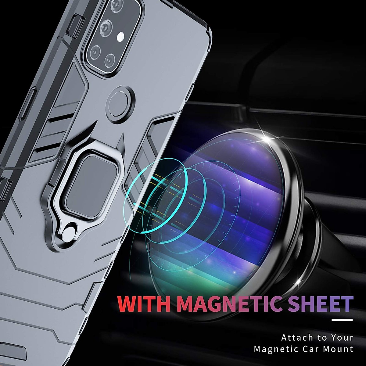 Jusy 3p Oneplus Nord N10 5G Case & Tempered Glass Screen Protector & Camera Protector for 1+ Nord N10, Protective Case with Rotate Holder Kickstand and Magnetic Plate for Oneplus Nord N10 (Navy)