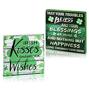 2 Pieces St. Patrick's Day Wood Decors Wood Box Signs Irish Rustic Tabletop Decor Wood Block Plaque May Your Blessings Irish Kisses Shamrock Wishes for St. Patrick Home Table Decorations, 8 x 8 Inch