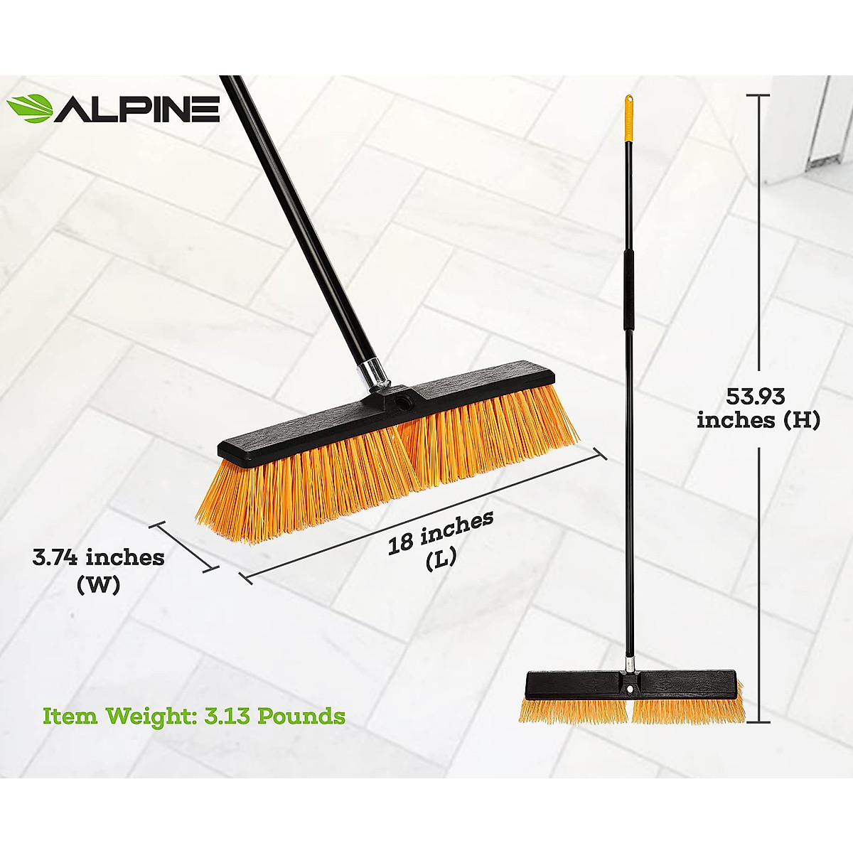 Alpine Industries Push Broom Heavy Duty Smooth Surface Broom Deck Scrubber Long Handle Commercial Floor Scrub Broom Cleans Dirt, Debris, Sand, Mud, Leaves and Water (Yellow, 18 in)