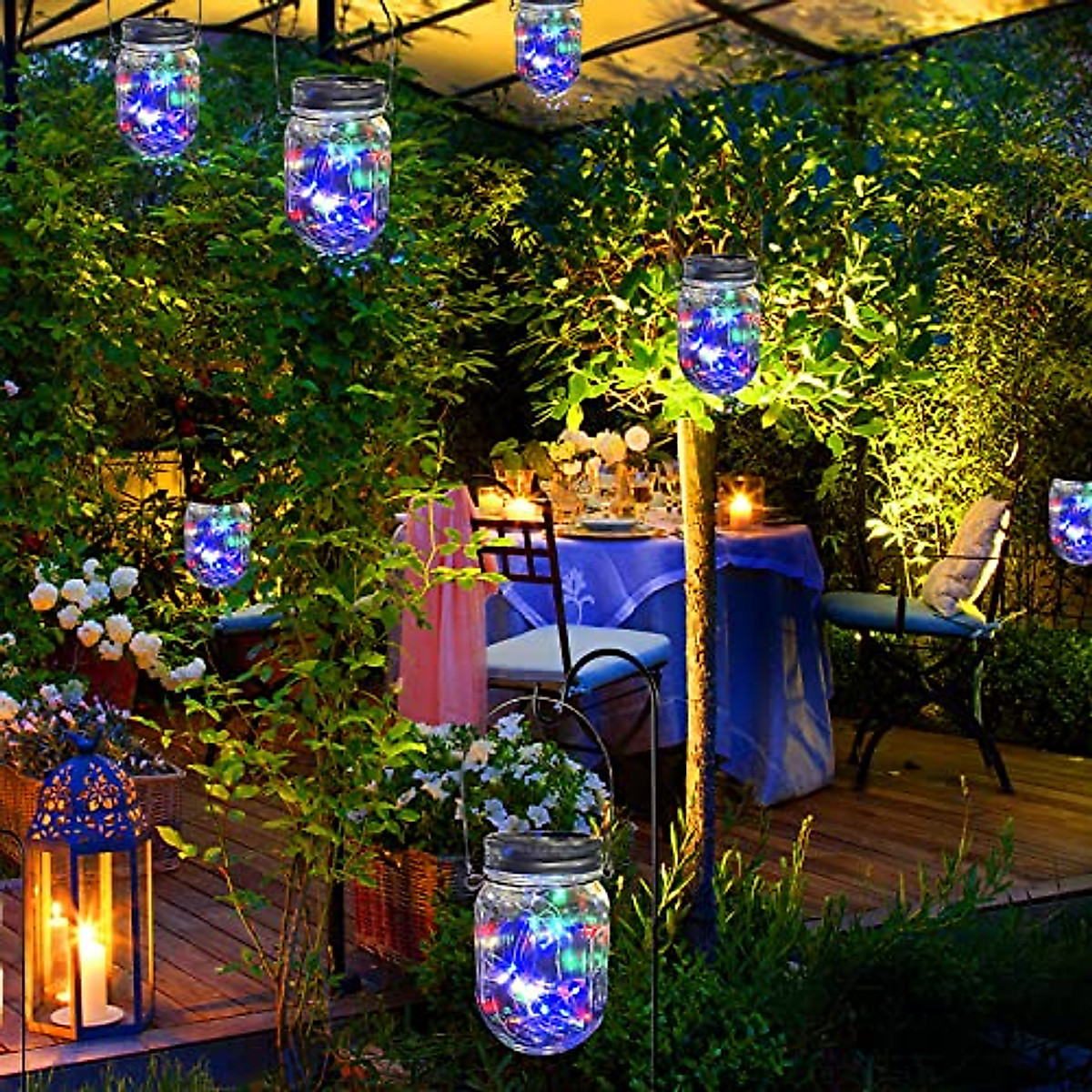 Hanging Solar Mason Jar Lights,ZQX 2 Pack 20 Led String Hanging Mason Jar Lanterns for Outdoor,Great Decor Light for Outside Patio Garden Yard Fence Wedding Table,Hangers and Jars Included（Multicolor）