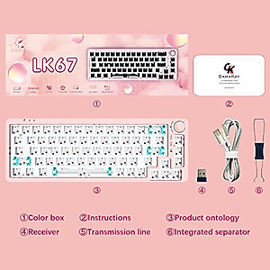 GK GAMAKAY LK67 65% RGB Modular DIY Mechanical Keyboard, 67 Keys Hot Swappable 3pin/5pin Switch, Programmable Triple Mode Bluetooth 5.0/USB-C Wired/2.4GHz Wireless Customized Keyboard Kit (Pink)