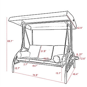 QUYZE 2 in 1 Outdoor Porch Swing, Outdoor Swing with Canopy, 3-seat Porch Swing with Stand Convertible Backrest Swing Bed w/Cup Holders for Front Porch Lawn Cushion and Pillows Included, Wine Red
