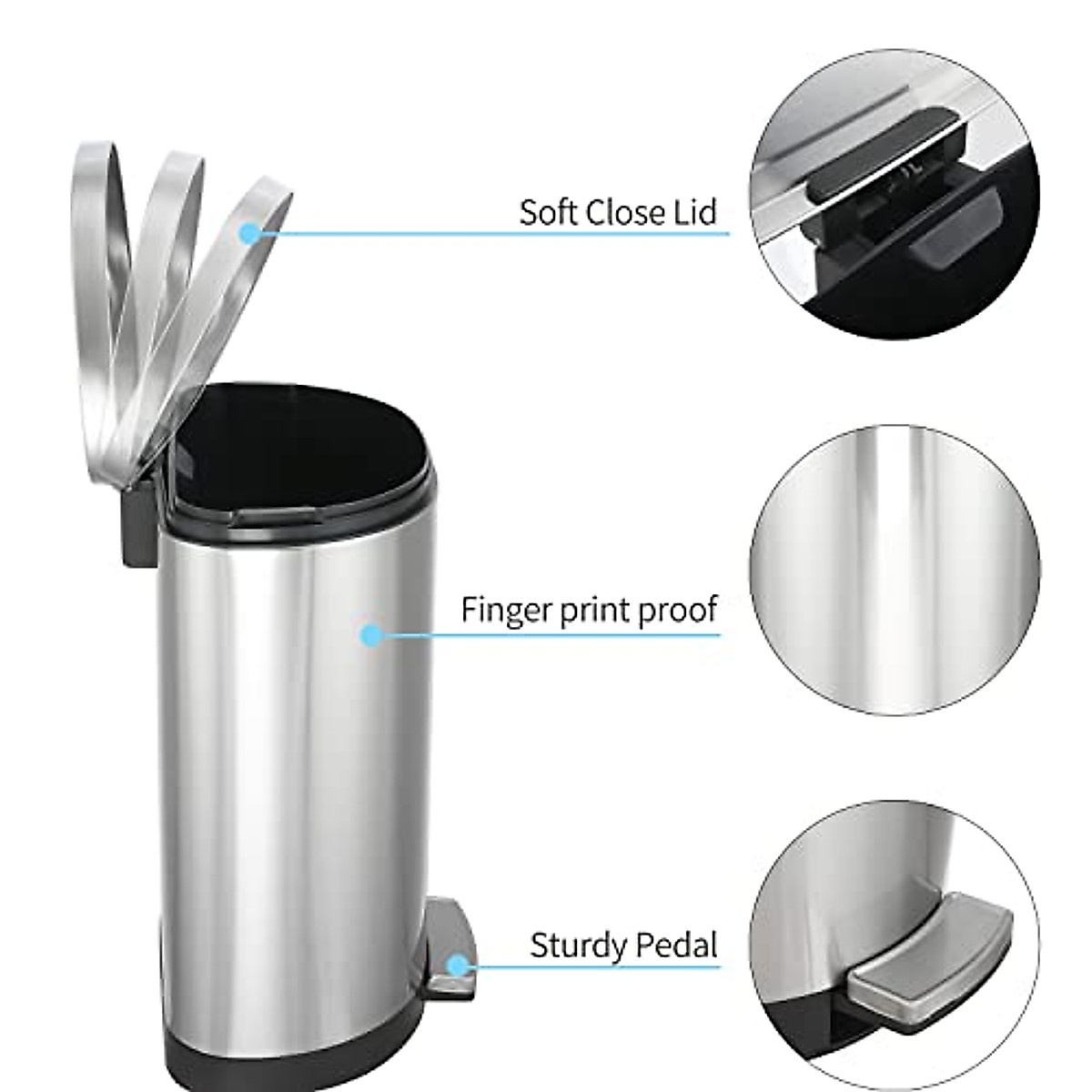 SIMPLYKLEEN Kleen-Fit 11.8-Gallon Semi-Round Hands-Free Kitchen Stainless Steel Trash Can with Lid. Great for Dorms, Kitchen, Bathroom, or Office.