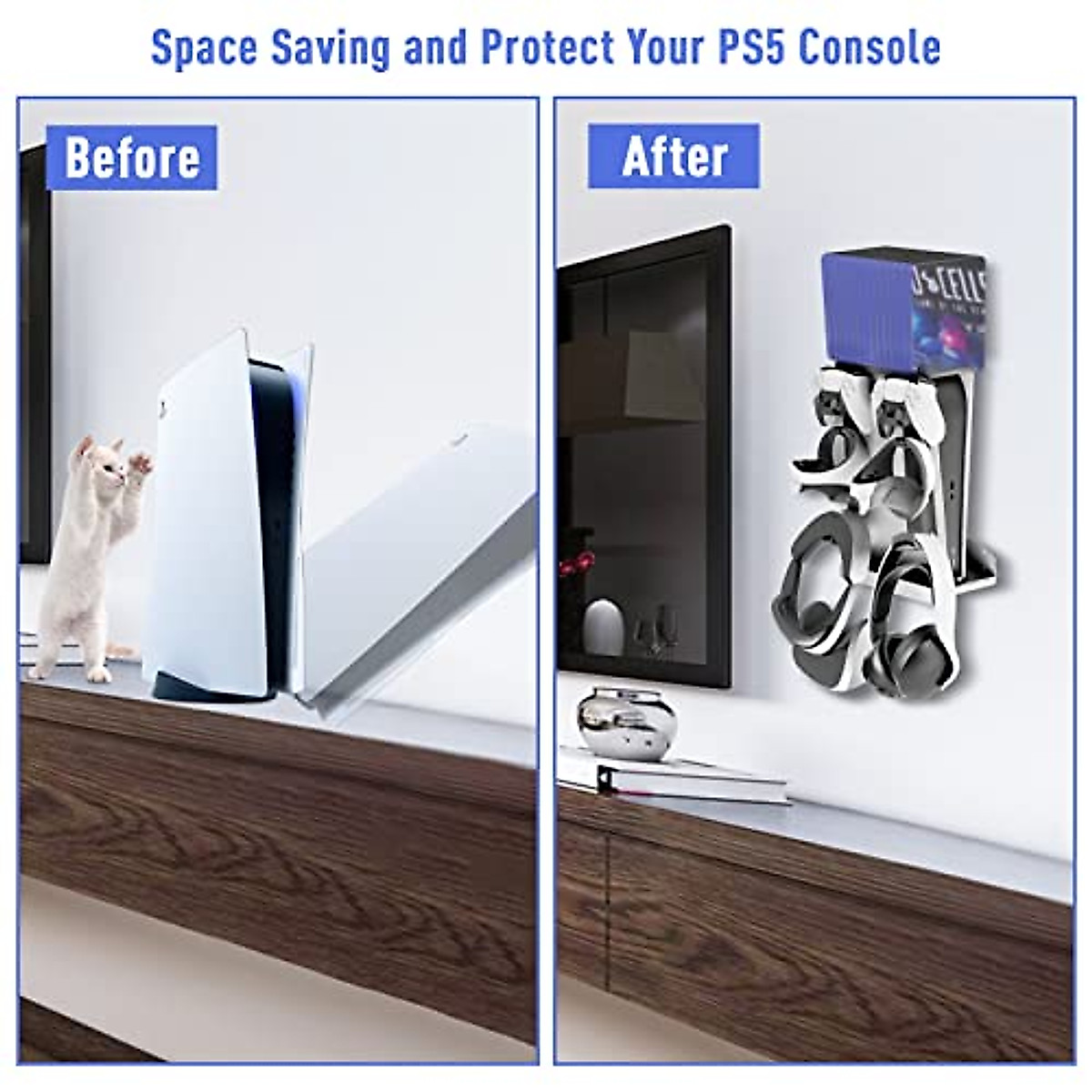 JDGPOKOO PS5 Wall Mount, 8 in 1 PS5 Wall Mount Kit with PSVR2 and PS5 Controller Holder & PSVR 2 and Headphone Hanger & Game Storage Stand for Playstation 5 (Disc & Digital Edition) & Playstation VR2