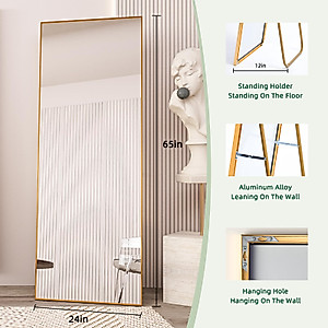 Beauty4U 65" x 24" Full Length Mirror with Stand, Gold Wall Mounting Full Body Mirror, Metal Frame Full-Length Tempered Mirror for Living Room, Bedroom