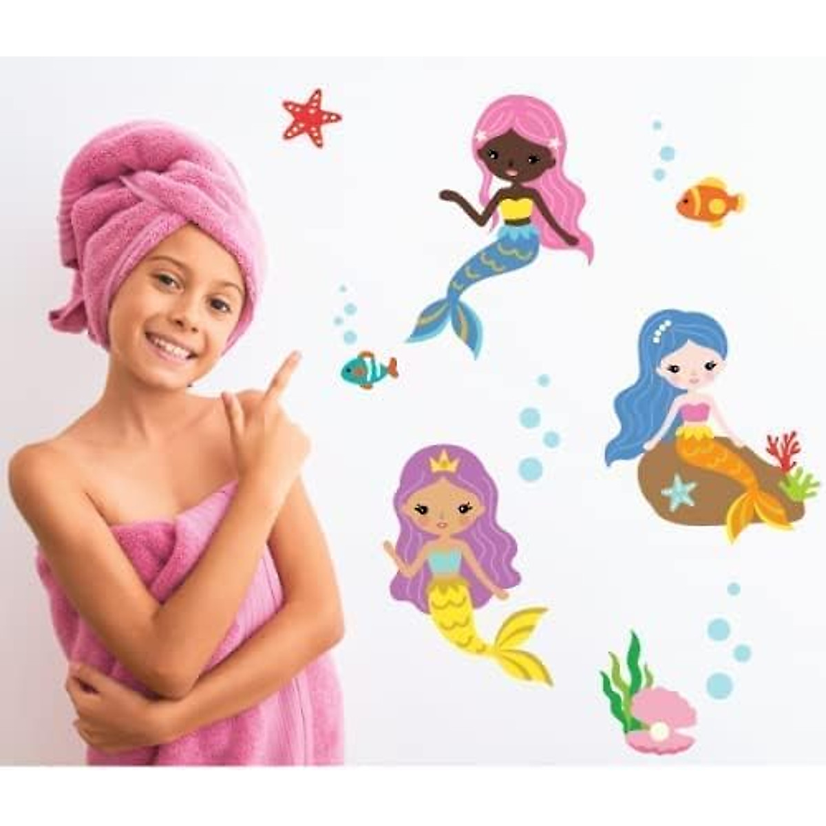 Mermaid Wall Decals Girls Bedroom and Bathroom Decor, 50 Peel and Stick Multicultural Mermaid Stickers for Girls, Includes 4 Sheets 11x11 inches Each Fun Reusable Decals