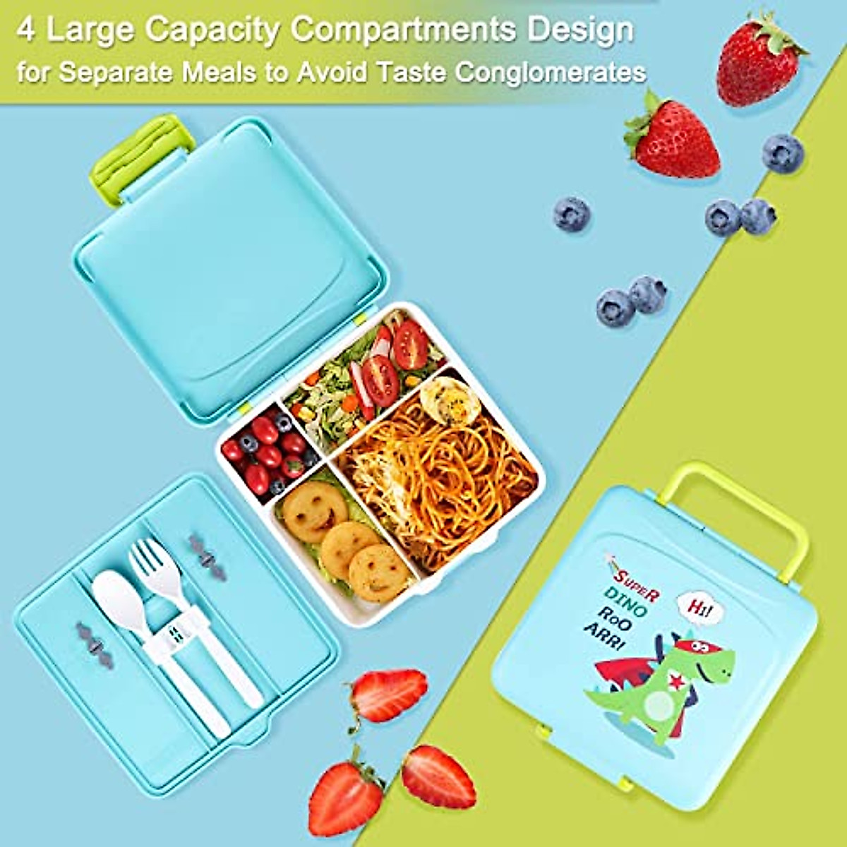 Bento Lunch Box for Kids, Dinosaur Lunch Box with 4 Compartment Bento,1300ml Lunch Containers with Sauce Jar, Spoon&Fork, Durable, Leak Proof, Dishwasher Safe, BPA-Free and Food-Safe Materials (Blue)
