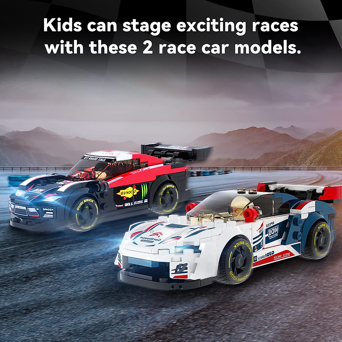 GUDI Speed Champion Race Car Building Kit for Boys 6-12, Pack of 2 STEM Building Toys with Driver Minifigures and Racing Sticker, Easy Assemble Ghost and Knight Car Building Blocks Set