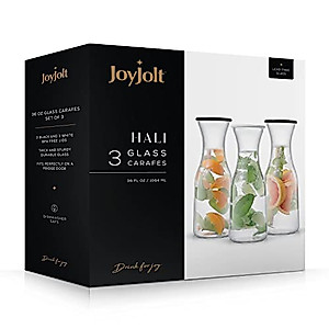 JoyJolt Glass Carafe with Lids. 3 Glass Carafes for Mimosa Bar 36 oz Capacity. 6 Lids! Brunch Decorations, Bedside Water Carafe, Orange Juice Container, Catering Drink Carafes & Pitchers for Parties