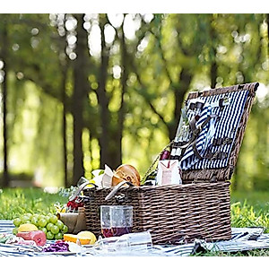 Wicker Picnic Basket for 4 with Soft Picnic Blanket, Picnic Set for 4 with Beach Mat, Willow Hamper Service Gift Set for Camping and Outdoor Party Best Gifts