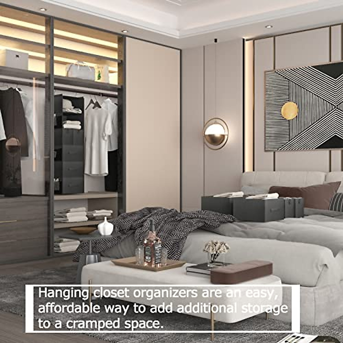 Bosuelife 6-Shelves Hanging Closet Organizer with 5 Different Drawers, Foldable Closet Organizers and Storage for Wardrobe, Closet& RV, Clothes and Accessories Storage, Non-Woven Fabric, Black