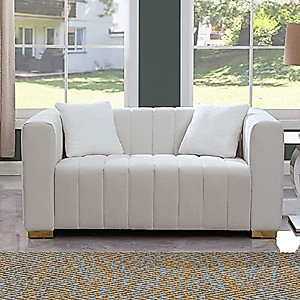 kevinplus 62.6'' Loveseat Chesterfield Sofa Couch for Living Room, Velvet Modern 2-Seat Upholstered Sofa Couch for Apartment Bedroom Dorm Office, Strong Gold Metal Legs, 2 Pillows, White