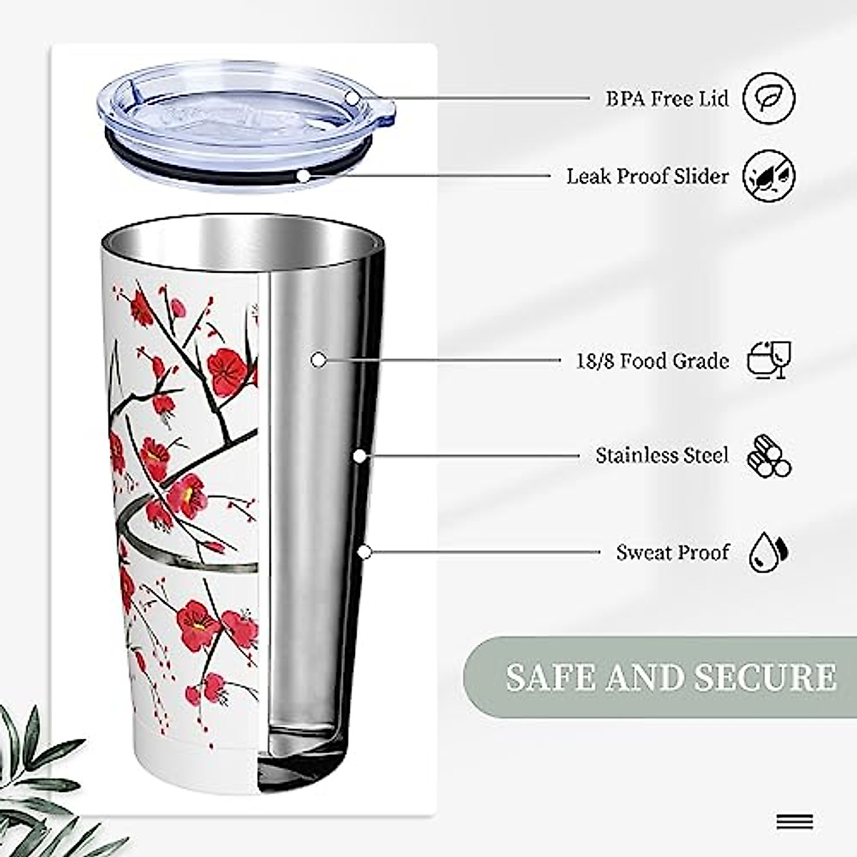 DLUCCA 20oz Insulated Coffee Tumbler With Straw Stainless Steel Swig Tumblers,Travel Mugs Insulated For Hot And Cold,Reusable Thermal Water Bottle Cup For Car Camping Exercise（Painting Plum Blossom ）