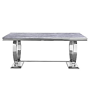 ACEDÉCOR Modern Dining Room Table with Silver Stainless Steel Metal U-Base in Grey Silver