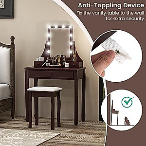 CHARMAID Makeup Vanity Desk with Lighted Mirror, 3 Color Lighting Modes, Adjustable Brightness, 3 Drawers, Removable Dividers, Bedroom Dressing Table Vanity Set with Stool for Girls Gift (Espresso)