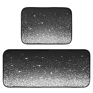 Black Bling Kitchen Rug Mats Shiny Glitter Floor Rugs Washable Non-Slip Carpet Area Comfortable Standing Mat for Bedroom Living Room Door Mat Decor