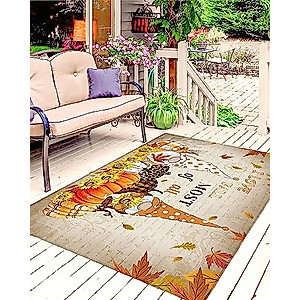 Outdoor Area Rug for Patio,Thanksgiving Fall Gnome Pumpkin Sunflowers Camping Rugs Indoor Large Floor Mat 4x6ft,Autumn Maple Retro Letters Outside Carpet for Deck RV Picnic Porch Backyard Bedroom