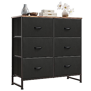 WLIVE Fabric Dresser for Bedroom, 6 Drawer Double Dresser, Storage Tower with Fabric Bins, Chest of Drawers for Closet, Living Room, Hallway, Black and Rustic Brown