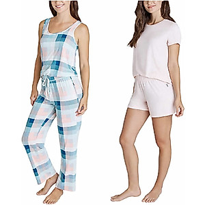 Eddie Bauer Women's 4-Piece Sleep Set, Tank, Tee, Short, Pant (X-Large, Teal Squares)