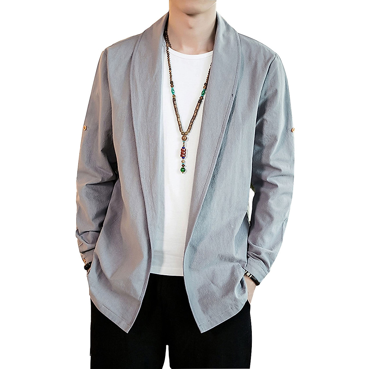 Mingzhu Mens Cotton Linen Blazer Jacket Roll Up Long Sleeve Notched Lapel Sport Coat(0733-Grey-M)