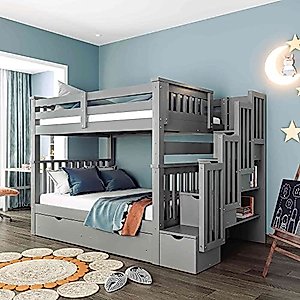 Cotoala Full Over Full Bunk Bed with Stairs and 6 Storage Drawers, Wooden Bunkbed w/ 3 Shelves, No Box Spring Needed, Perfect for Bedroom, Grey