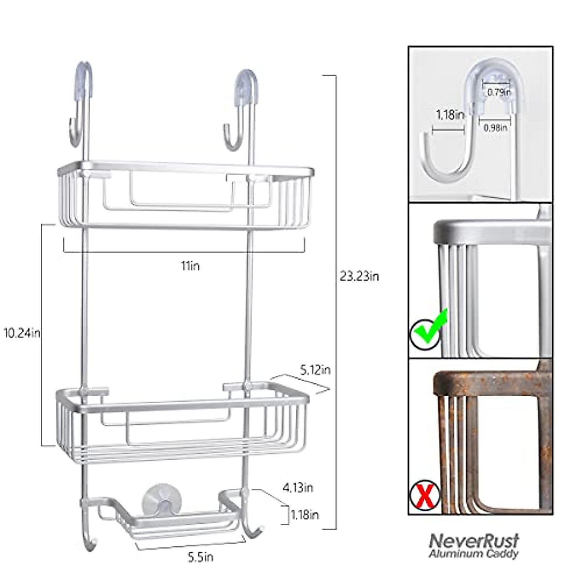 Duwee Over The Door Shower Caddy, NeverRust Aluminum Over the Shower Door Caddy, Hanging Shower Caddy for Shampoo Conditioner, 3 Tier Bathroom Shelf Organizer with Hooks for Razors Towels(Silver)