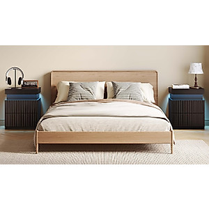 Nightstand Set of 2 Black Nightstand with Charging Station LED Night Stands with Drawers Modern Bedside Table with Sliding Top Night Table Fluted End Tables for Bedroom, Apartment, Dorm