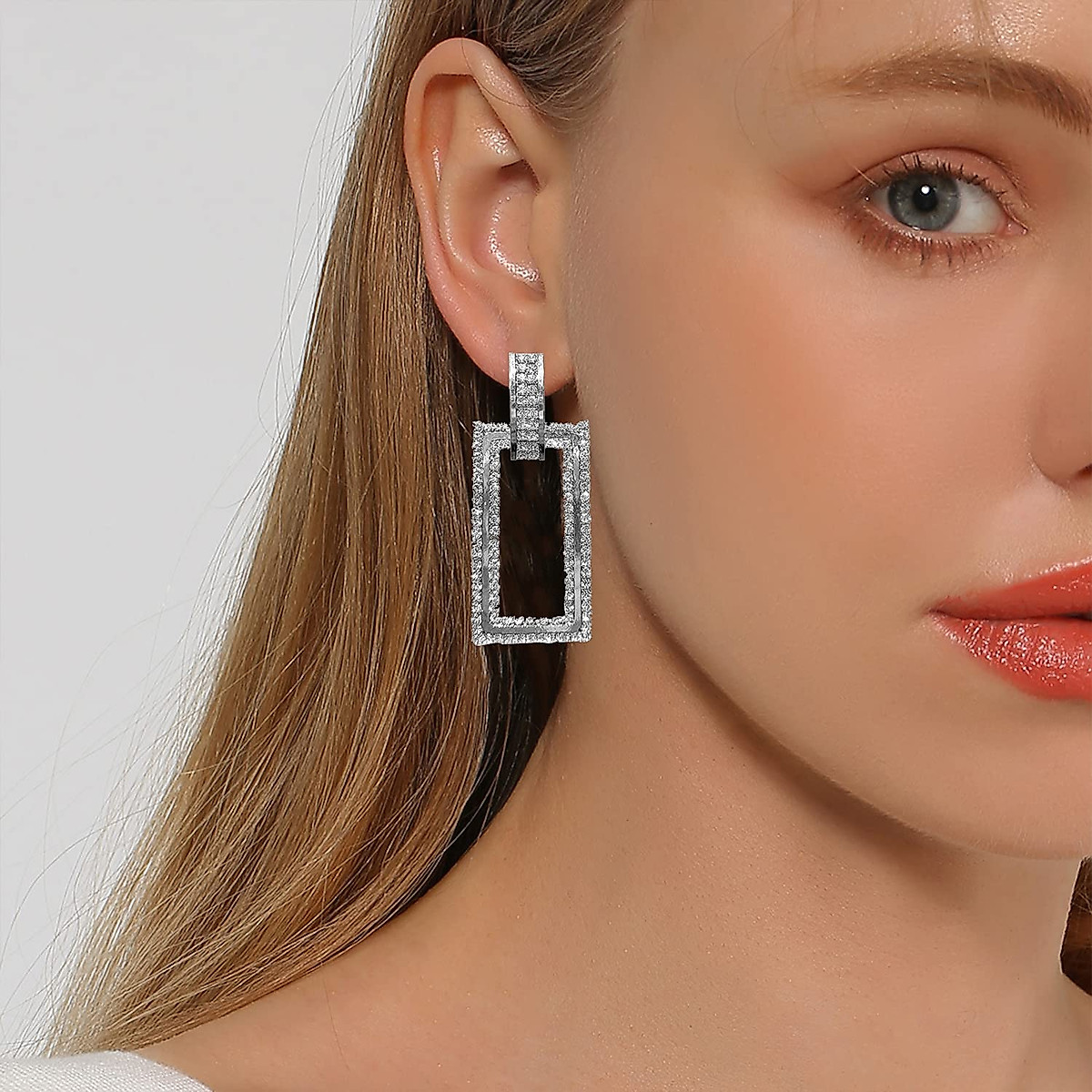 KaFu Fashion Statement Long Drop Earrings Boho Large Metal Rectangle Geometric Dangle Earrings Gorgeous Geometric Rhinestone jewelry Gift For Women (silver)