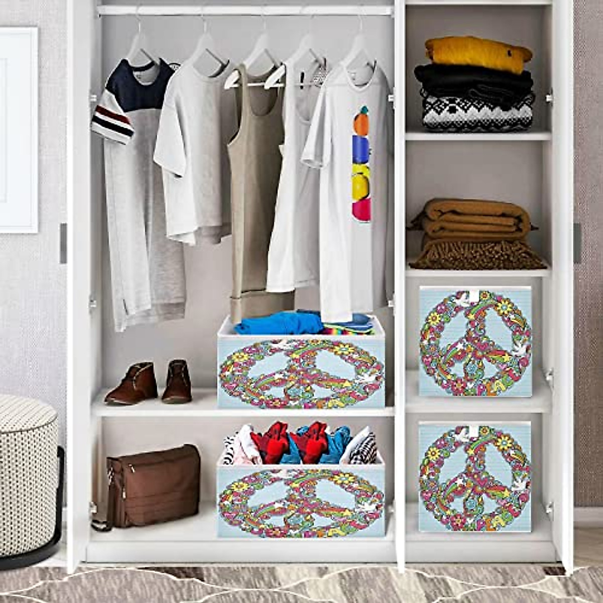 ALAZA Peace Sign Flower Floral Striped 11 Inch Cube Storage Bin Organizer Foldable Basket for Closet Cabinet Shelf Office