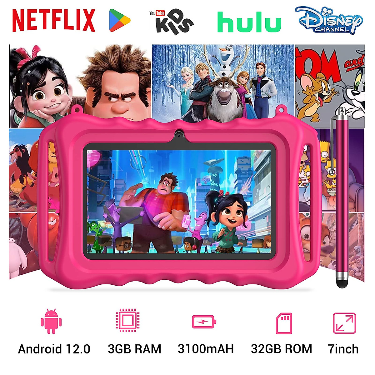 Tablet for Kids,7 inch Tablet for Toddlers 3GB RAM 32GB ROM, Android 12.0 Kids Tablet with Dual Camera, WiFi, Bluetooth, Parental Control, Shockproof Case, YouTube, Netflix,Toddler Tablet for Children