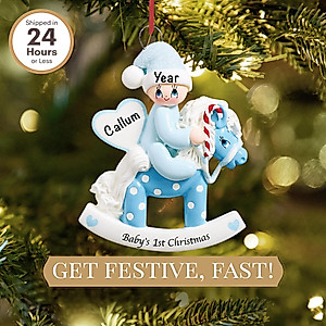 Personalized Baby Ornament 2024 – Fast & Free 24h Customization – Baby First Christmas Ornament for Tree – Custom Gift Wrapped Blue Baby 1st Christmas Rocking Horse Keepsake for Newborns