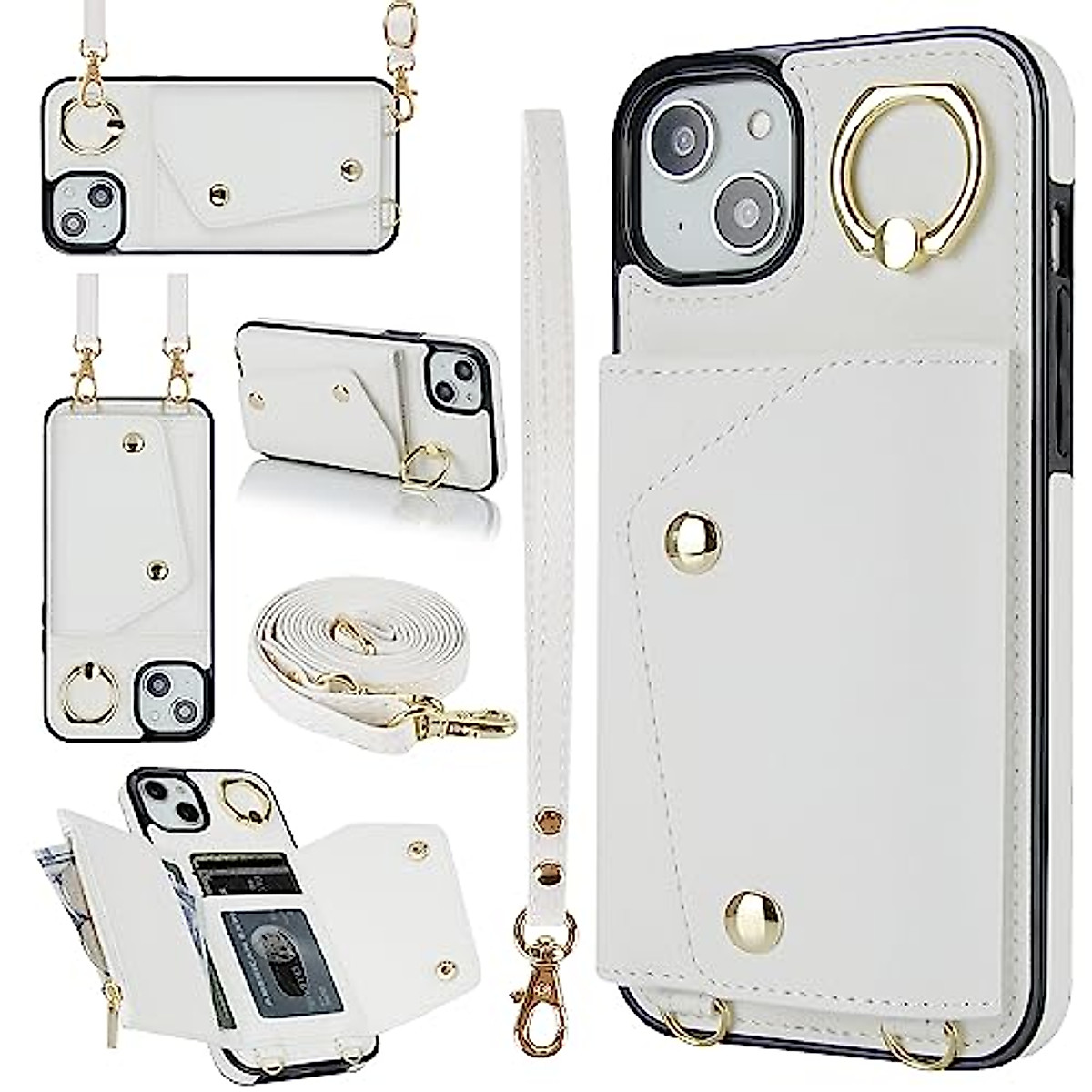 Lipvina for iPhone 13 Case Wallet with Strap for Women,Crossbody Lanyard and Wristlet Strap,Zipper Pocket,Credit Card Holder,Ring Stand,RFID Blocking Phone Wallet Cases(6.1 inch,White)