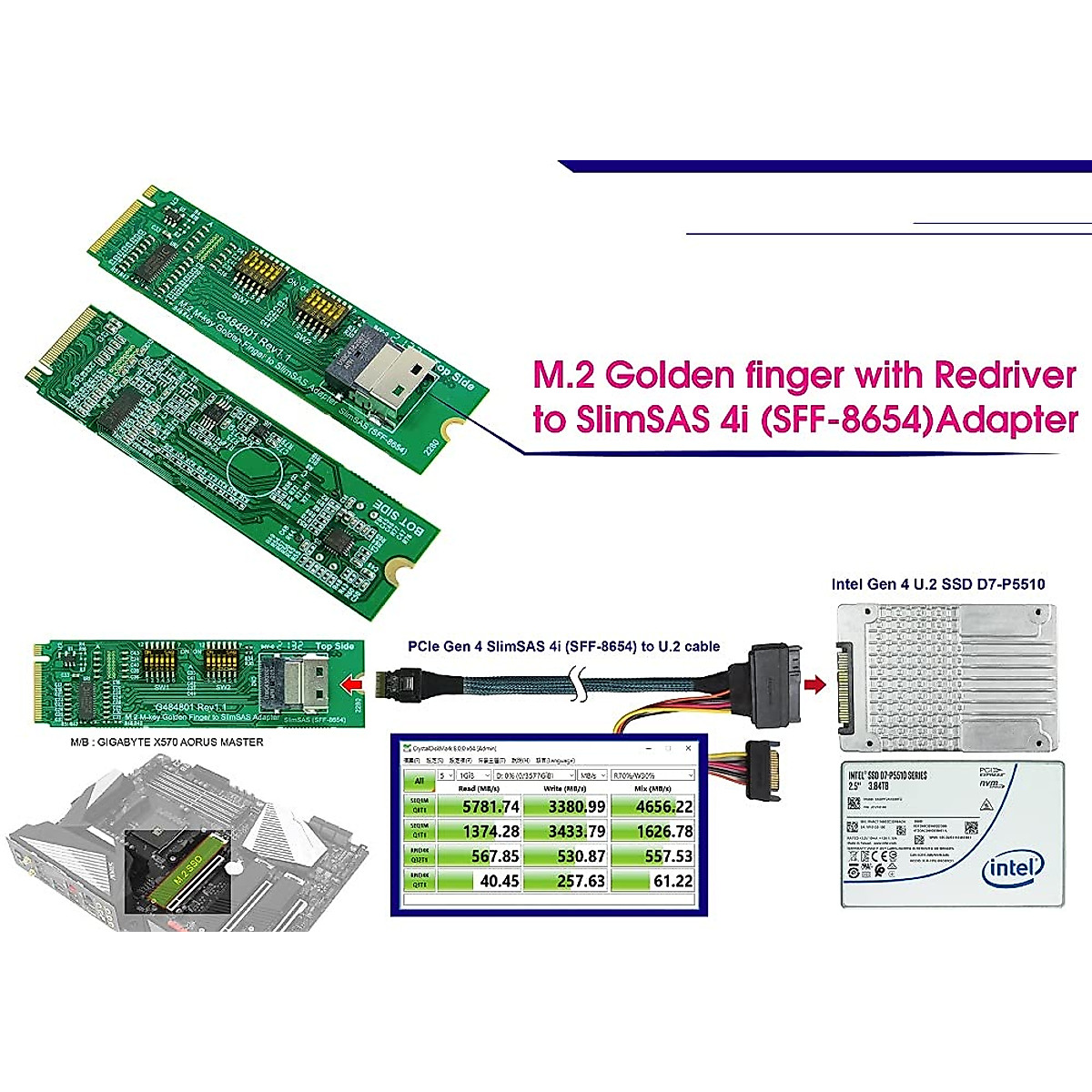 Micro SATA Cables|M.2 M-Key PCIe Gen4 to SlimSAS 4i (SFF-8654) Adapter with ReDriver for High-Speed Data Transfer