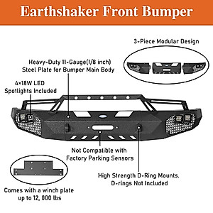 Hooke Road F150 Steel Black Front Bumper w/Winch Plate + Rear Bumper for 2009-2014 Ford F-150 (Exclude Raptor & Flareside) Pickup Truck
