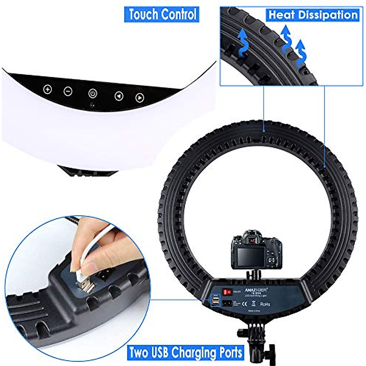 18 inch RGB Ring Light Kit AMAZKER LED with Stand and Phone iPad Holder 25 Color Modes 3000-6000K Dimmable 10 Brightness Level Up to 5000 Lux Circle Light for Live Stream/Makeup/YouTube/Vlog/Tiktok