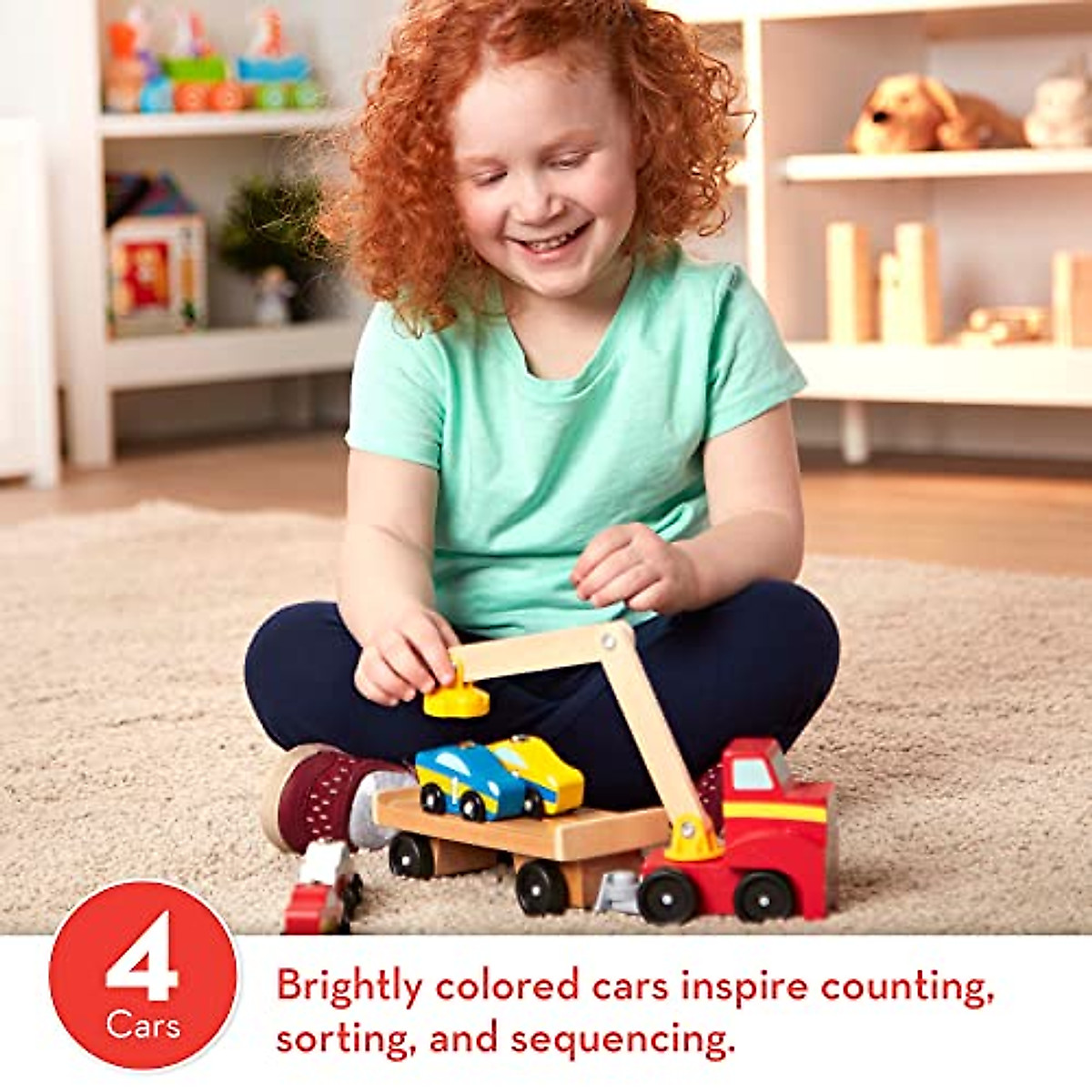 Melissa & Doug Magnetic Car Loader Wooden Toy Set With 4 Cars and 1 Semi-Trailer Truck - Crane Wooden Toy, Vehicle Toys For Kids Ages 3+