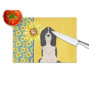 Caroline's Treasures WDK5416LCB Summer Sunflowers Black English Springer Spaniel Glass Cutting Board Large Decorative Tempered Glass Kitchen Cutting and Serving Board Large Size Chopping Board