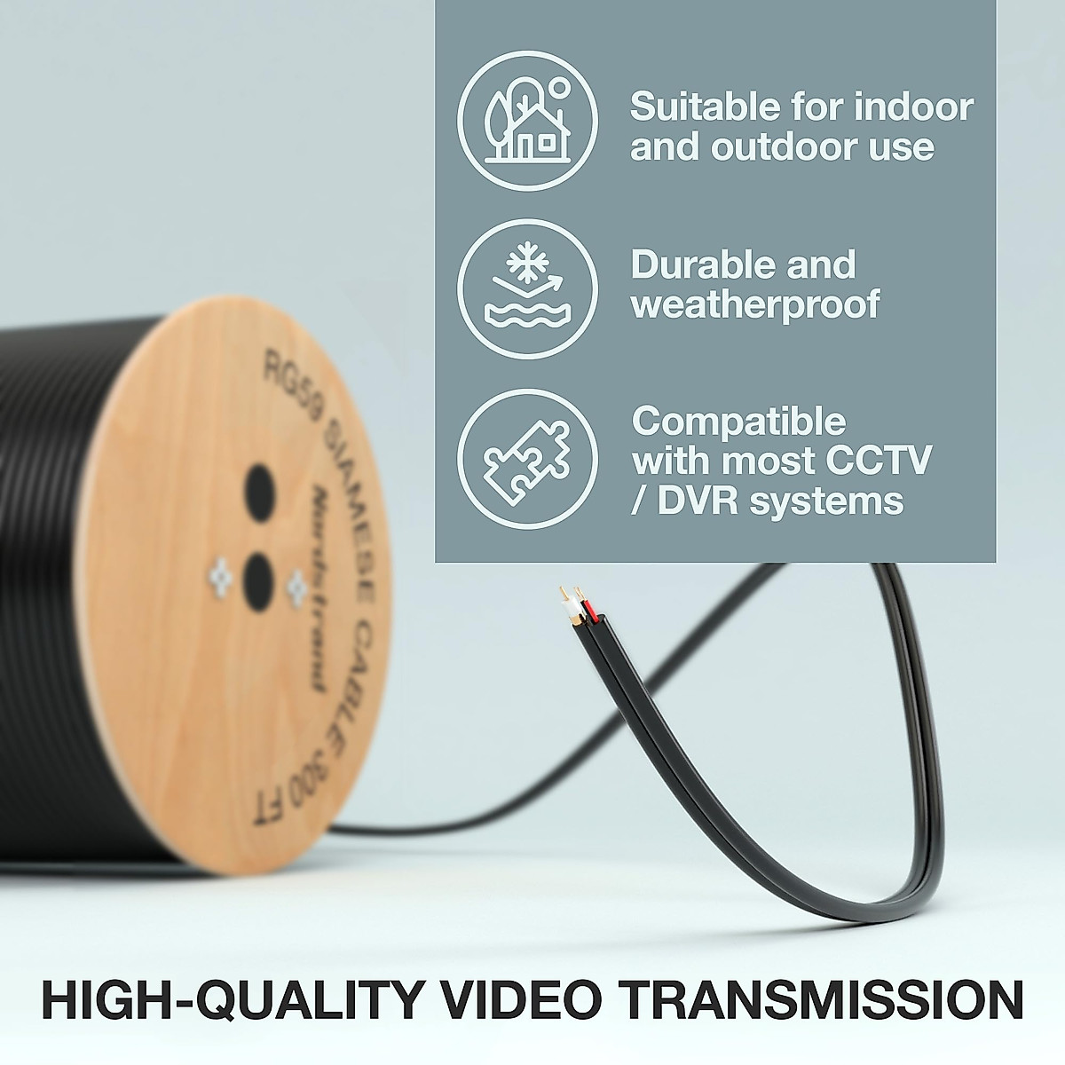 RG59 Siamese Cable 300ft - Coaxial CCTV Video & Power Cable - Combo Coax 20AWG Security Camera Wire - Direct Burial - Outdoor & Indoor RG59 Cable