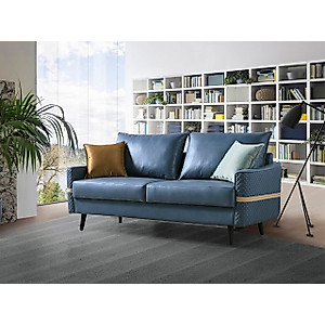 Prohon Tufted Love 73.22" Small Spaces, Mid-Century 2-3 Seats Loveseat with 2 Pillows, Leather Look High Comfort Fabric Sofa Couch for Living Room, Bedroom, Office, Apartment, Blue