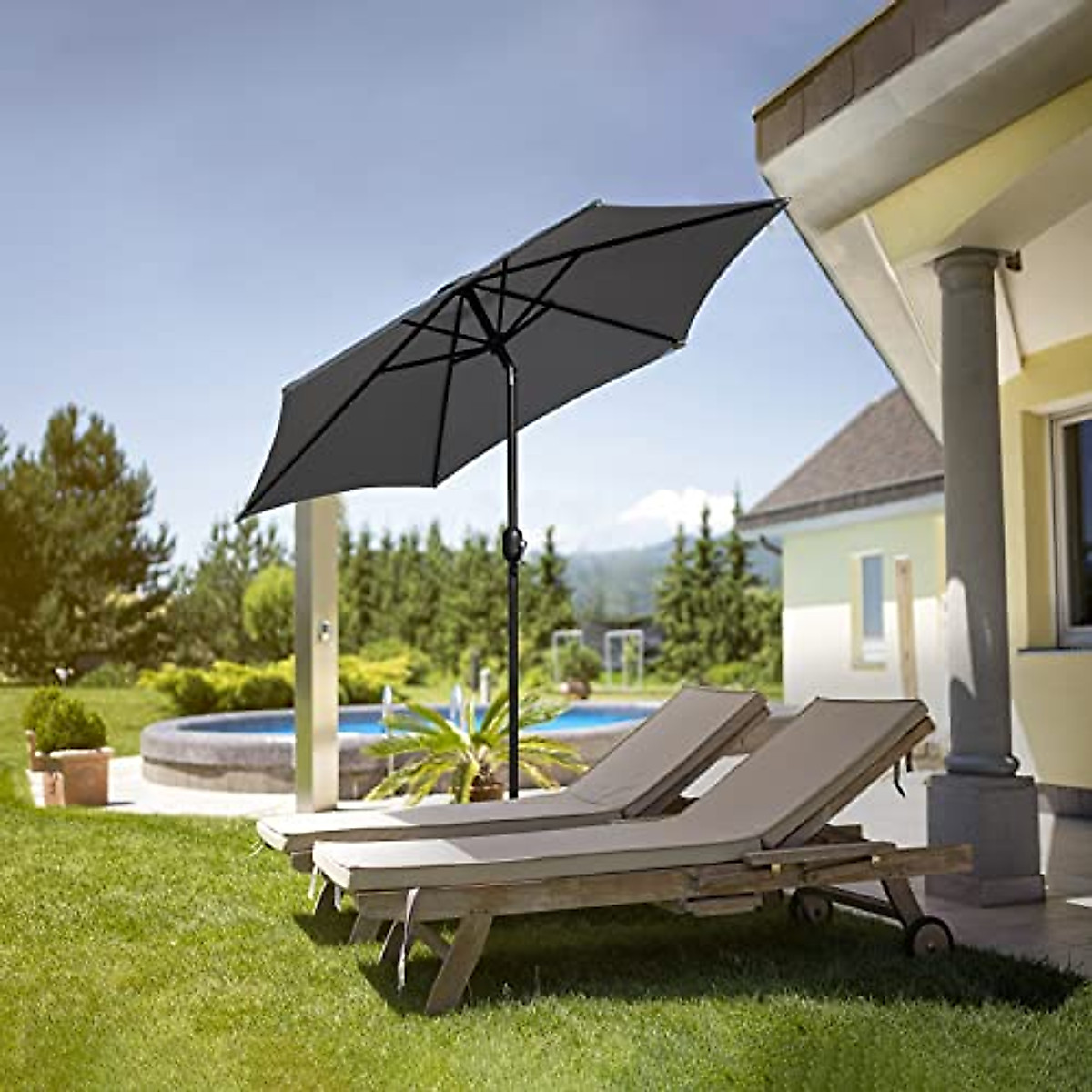 TUKAILAi 10ft Patio Umbrella, 3M Heavy Duty Outdoor Umbrella with Push Button Tilt Crank and 6 Sturdy Ribs, UV 50+ Protection Sun Shade for Market, Garden, Patio, Backyard & Pool (Grey)