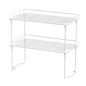 iPEGTOP Stackable Cabinet Shelf Organizers, Set of 2 Kitchen Countertop Cupboard Storage Rack, Pantry Stand Shelves Space Saving for Kitchen, Bedroom, Bathroom, White