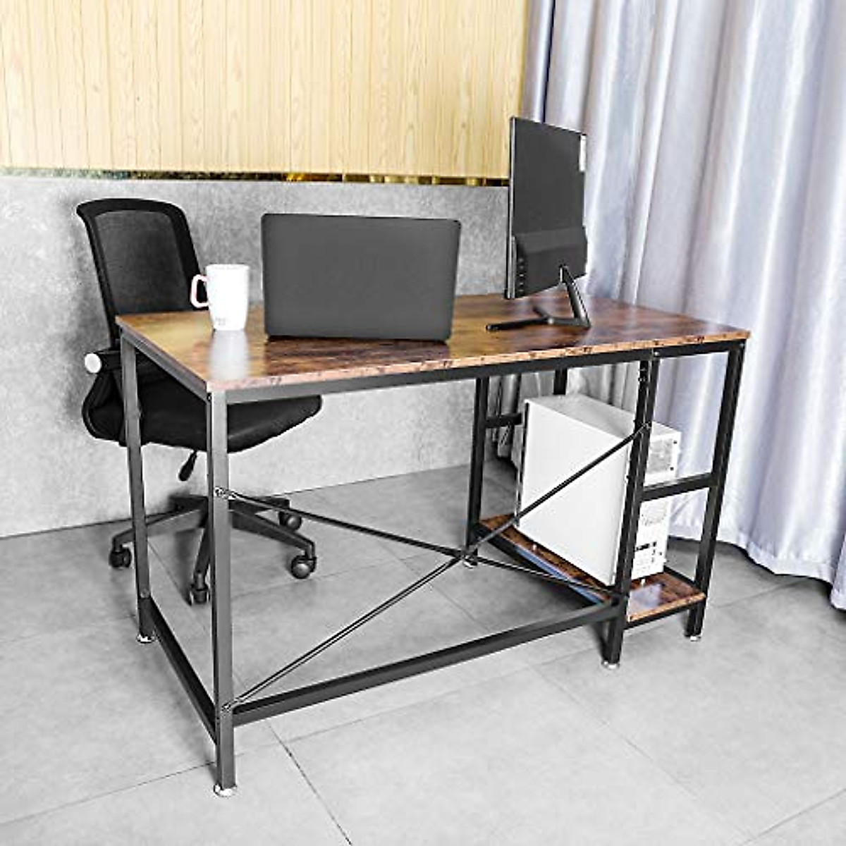 Industrial Style Tower Computer Desk with 3 Tier Shelves - 47.2'' Multi Level Writing Study Table with Bookshelves Modern Steel Frame Wood Desk Compact Home Office Workstation (Brown)